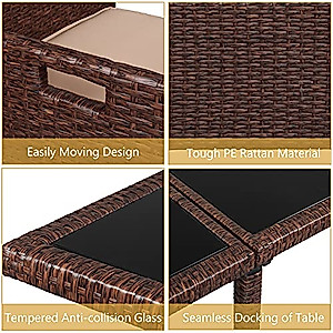 9 Pieces Wood Grain PE Wicker Rattan Dining Ottoman with Tempered Glass Table Patio Furniture Set, Stylish and Durable Patio Furniture for Outdoor, Wicker Patio Dining Set