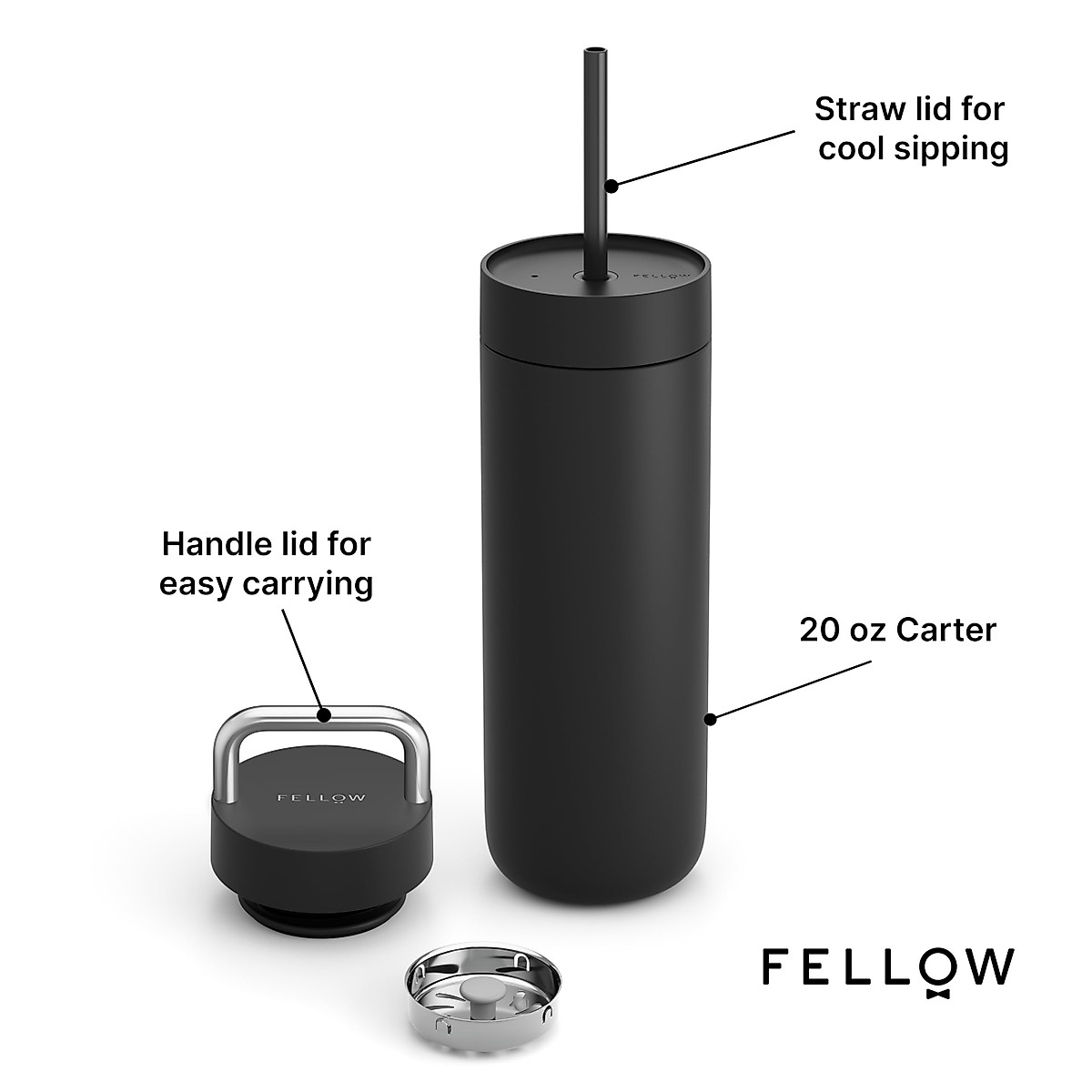 Fellow 20 oz Carter Water Bottle with 2 Lids - Leak-Proof Lid with Metal Handle - Cold Lid with Straw - Ceramic Interior & Vacuum-Insulated Stainless Steel - Matte Black