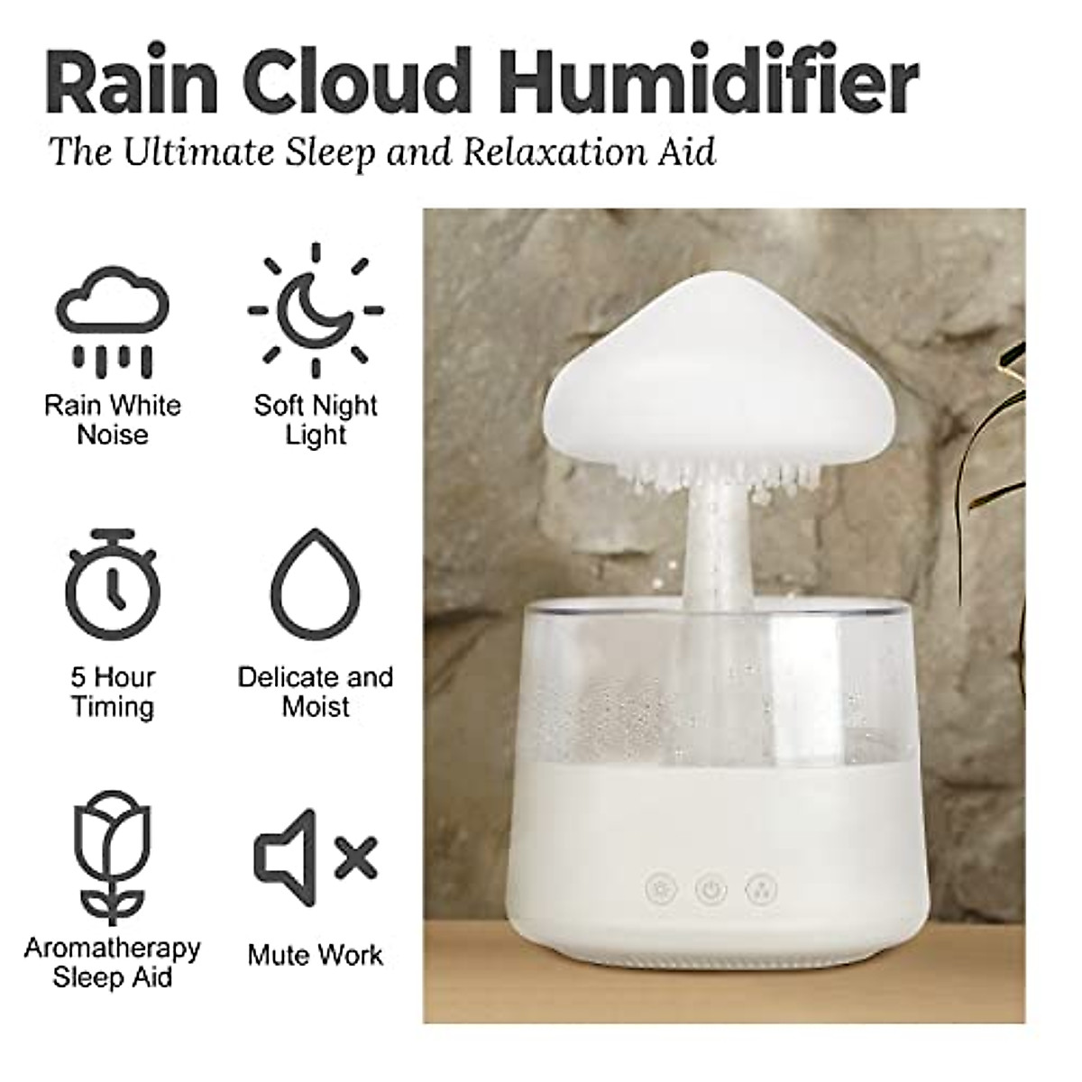 Rain Cloud Humidifier Water Drip with Adjustable LED Lights White Noise Humidification Desk Fountain Bedside Sleeping Relaxing Mood (White)