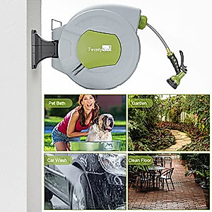 Automatic Hose Reel Retractable,Garden Hose Reel with Wall Mount,Water Hose Reels for Outside,1/2''x 92+6.5Ft Water Hose,9 Pattern Hose Nozzle,180° Swivel Bracket,Any Length Lock for Garden Hose Reel
