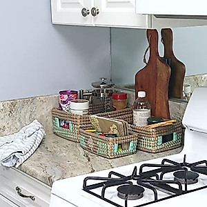 Wicker Storage Baskets, Set of 3, Handmade Natural Boho Home Decor, Seagrass Shelf Basket, Rectangular Woven Basket, Natural Basket for Organizing, Decorative Basket with Handles