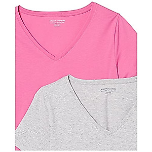 Amazon Essentials Women's Classic-Fit 100% Cotton Short-Sleeve V-Neck T-Shirt (Available in Plus Size), Pack of 2, Light Grey Heather/Bright Pink, Large