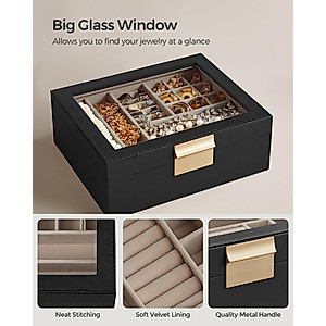 SONGMICS Jewelry Box with Glass Lid, 2-Layer Jewelry Organizer with Removable Tray, Jewelry Storage, Modern Style, Gift for Loved Ones, Graphite Black and Metallic Gold UJBC238B01