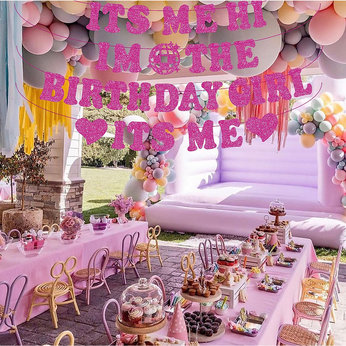 Pre-Strung Its Me Hi Im the Birthday Girl Its Me Banner, NO-DIY Popular Singer Happy Birthday Banner Hot Pink Glitter Birthday Decorations Banner for Fans Girls Women Birthday Party