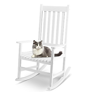 Outvita Outdoor Rocking Chair, Solid Wood High Back Rocker, All Weather Lounge Chair for Porch Patio Fire Pit Garden Backyard Deck Indoor, White