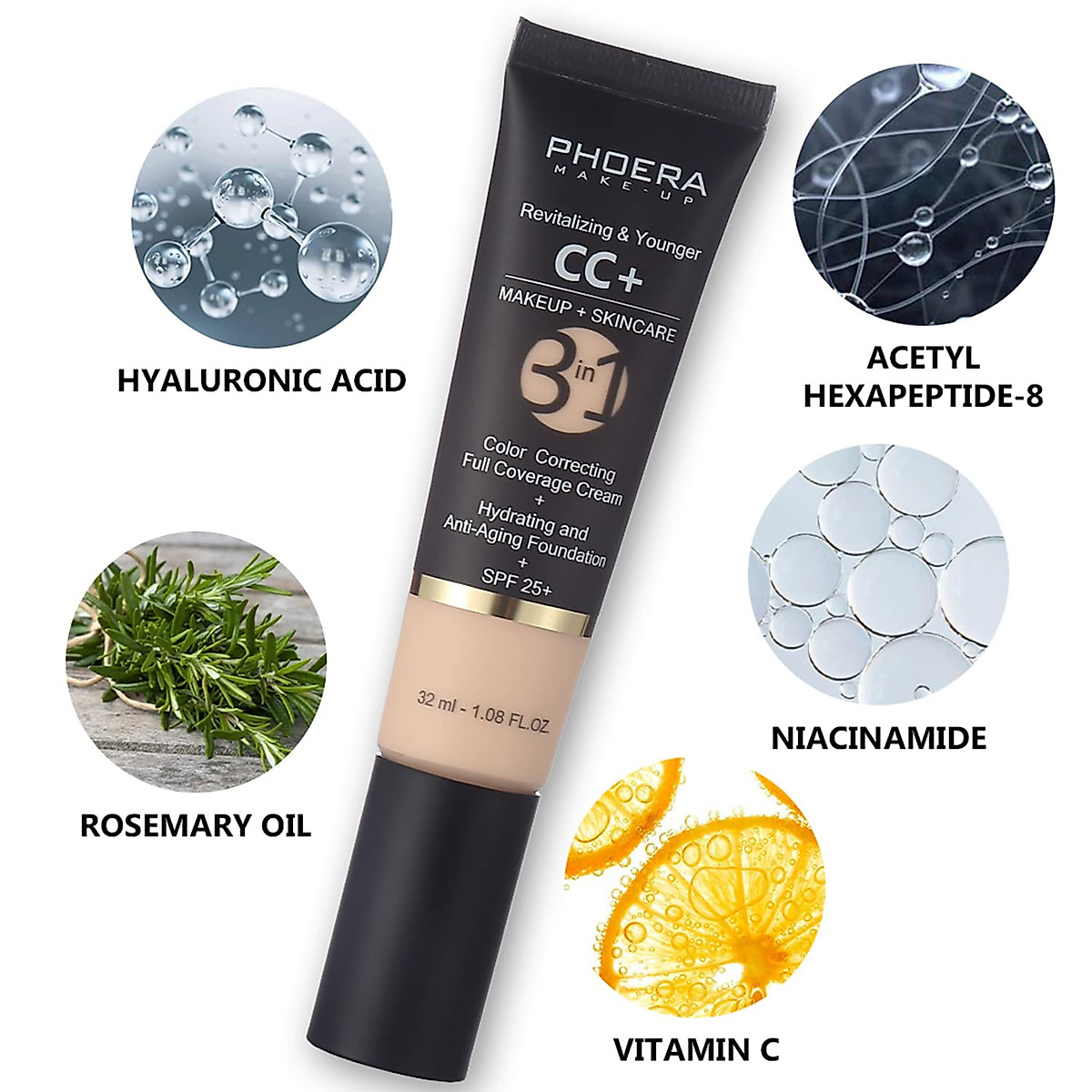 PHOERA CC+ Cream,Full Coverage Foundation，Color Correcting Cream,Anti Aging Hydrating Serum & SPF 25+ Sunscreen - Natural Finish - 1.08 fl oz (120 Nude)