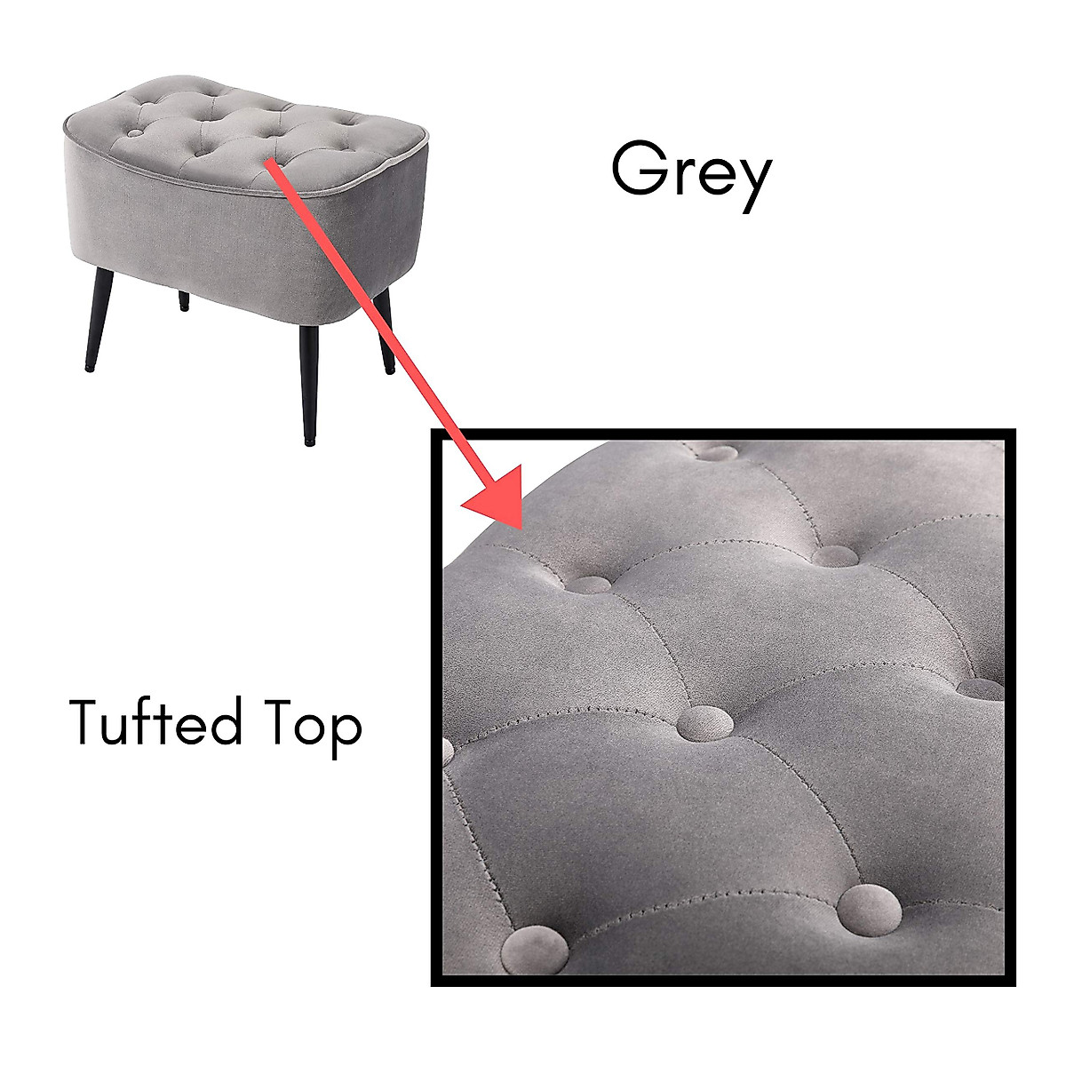 BIRDROCK HOME Tufted Curve Grey Ottoman – Velvet Foot Stool – Mid Century Modern Steel Legs - Soft Compact Padded Stool - Living Room or Bedroom – Vanity Chair - Decorative Furniture