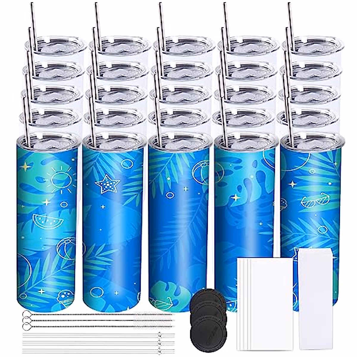 SWSOEZYT 25 Pack Sublimation Tumblers bulk 20 oz Skinny Stainless Steel Insulated Straight Blank Tumbler with Straw, Lid, Brush, Shrink Wrap and Individually Box for Heat Transfer