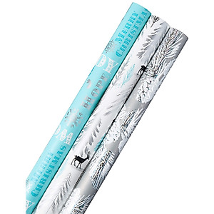 Hallmark Christmas Wrapping Paper Bundle with Cutlines on Reverse (3 Rolls: 80 sq. ft. ttl) Teal and Silver, Elegant Woodland with Deer, Holographic Pinecones