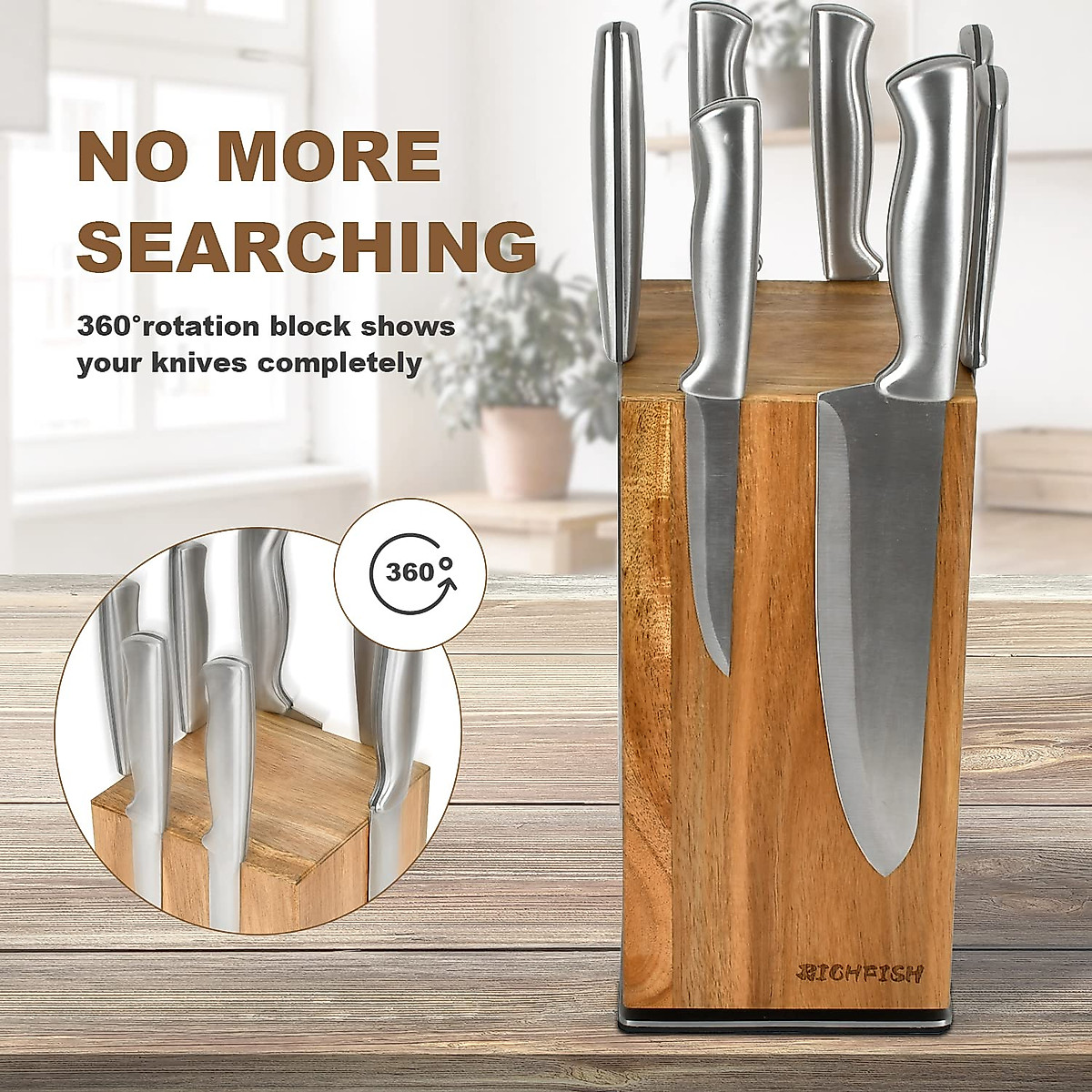 RICHFISH Magnetic Knife Block 360° Rotatable Knife Holder Magnetic Knife Strip Wooden Knife Block without Knives