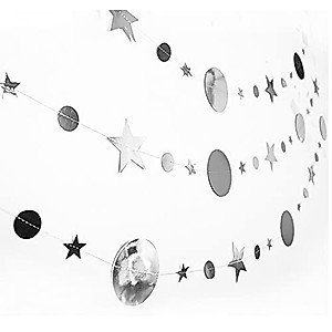 3 Pack Silver Party Decorations Moon Star Garland Ramadan Hanging Stars Circle Streamer Banner Backdrop Background for Wedding Birthday Christmas New Year EID Graduation Decor
