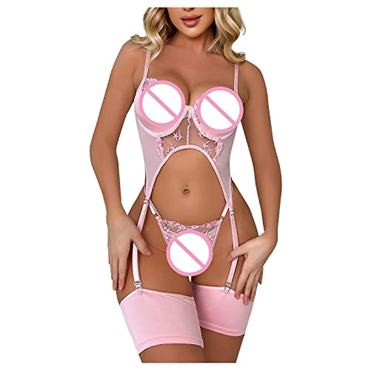 Slutty Outfits for Women, Bodysuit Lingerie Yellow Sexy Black Bras Women Sex Women's Underwear Three-Point Garter Belt Hollow Three-Piece Suit Set Women's Valentines Lingerie Set (M, Pink)