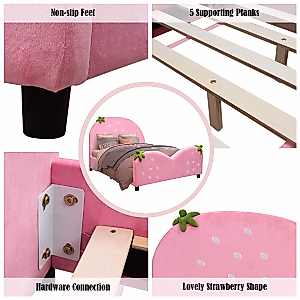 Costzon Twin Bed Frames for Kids, Wood Upholstered Twin Bed Platform with Slat Support, Padded Headboard&Footboard, No Box Spring Needed, Easy Assembly, Fits Standard Twin Mattress (Strawberry)