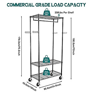 WDT Rolling Garment Rack with Wheels, Large Heavy Duty Clothing Rack with 3 Tier Shelves, Adjustable Metal Garment Closet Organizer Rack for Hanging Clothes, 35"L x 18"W x 74.4"H