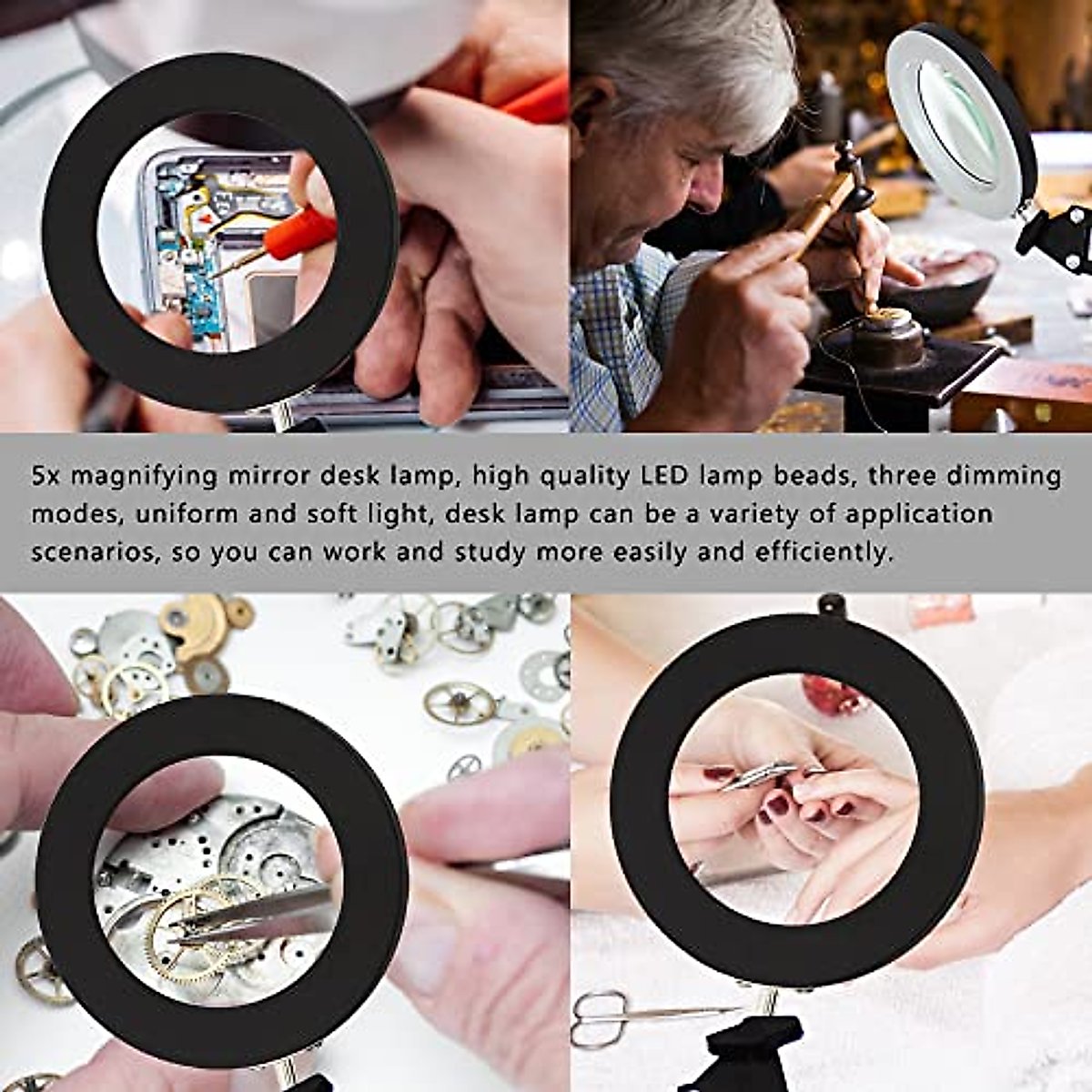 Magnifying Desk Lamp, Magnifying Glass with Light and Stand, 3 Color Modes, Magnifying Lamp with Clamp, Adjustable Swivel Arm with Light to Read Close Work (Black)