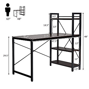 Tangkula Computer Desk with 4 Tier Shelves, Study Writing Table with Storage Bookshelves, Modern Compact Home Office Workstation, 47.5" Tower Desk with Steel Frame & Adjustable Feet Pad, Walnut
