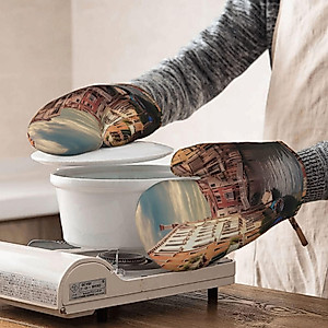 Beautiful Venice Canal View Printed Oven Mitts Heat Resistant Oven Gloves Non-Slip Silicone Kitchen Gloves for Cooking Baking BBQ Gloves 1 Pair