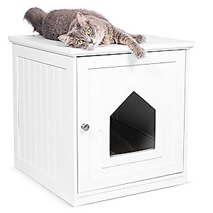 BIRDROCK Home Decorative Cat House & Side Table - Cat Home Nightstand - Indoor Pet Crate - Litter Box Enclosure - Hooded Hidden Pet Box - Cats Furniture Cabinet - Kitty Washroom - White