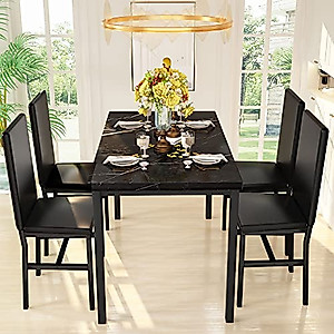 Hooseng Dining Table Set for 4, Space Saving Kitchen Table and Chairs for 4, Modern Style Faux Marble Tabletop & 4 PU Leather Chairs, Perfect for Dining Room,Breakfast Corner Small Spaces,Black