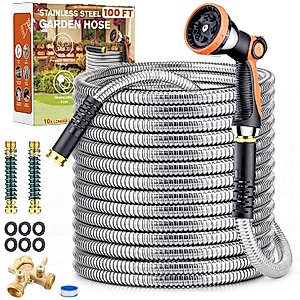 Metal Garden Hose 100ft, Yumatum 304 Stainless Steel Water Hose With 2 Hose Extension Adapter, 2-Ways Hose Splitter and 10-Function Nozzle, 3/4'' Fittings, No Tangle & Kink for Outdoor