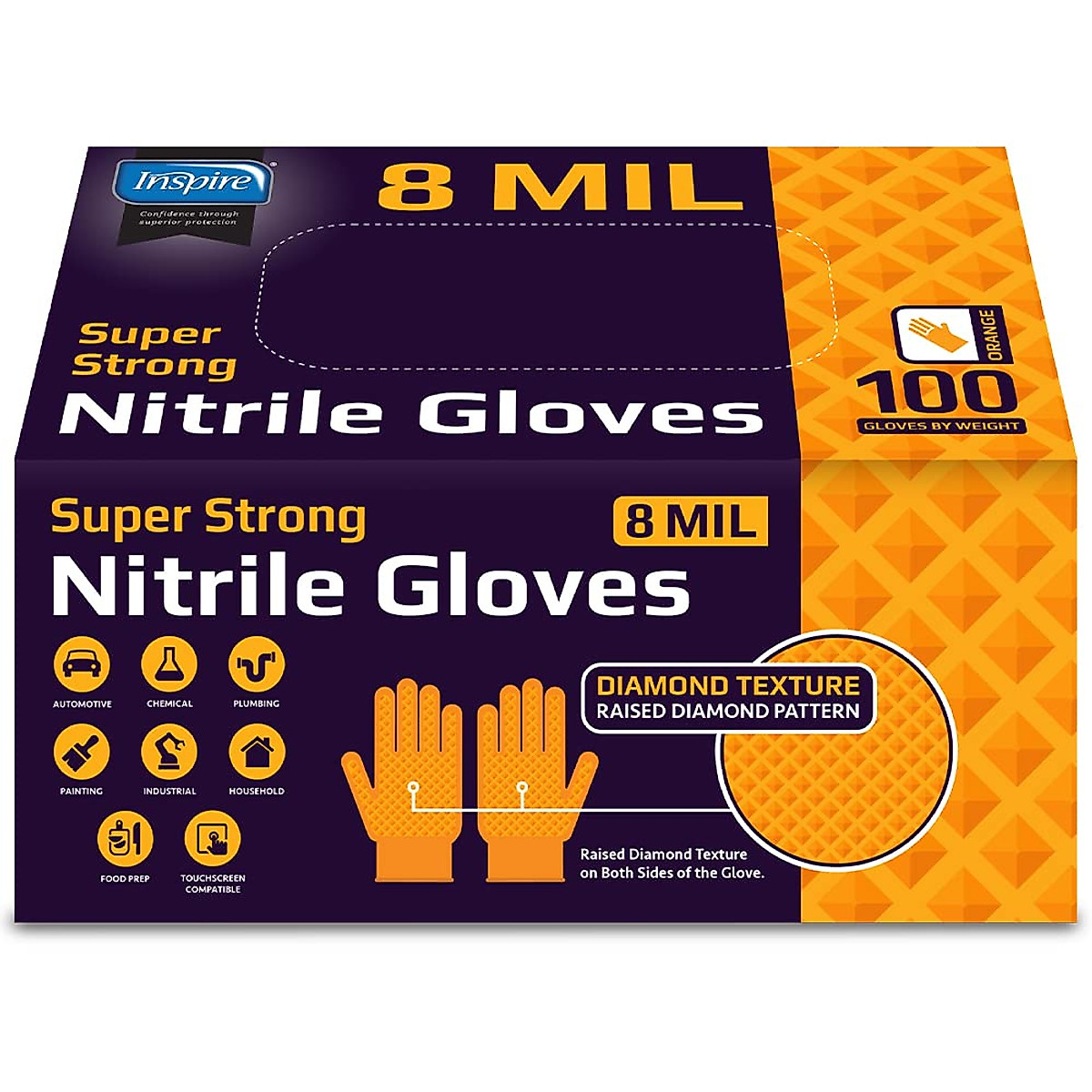 Inspire Heavy Duty Orange Nitrile Disposable Gloves | ULTRA 8 Mil Diamond Textured For Secure Grip Food Safe, Industrial Gloves Disposable Latex Free Mechanic Gloves | Nitrile Gloves