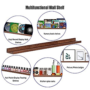 AZSKY Floating Wood Wall Shelves Light Walnut 48 Inch Long Hanging Picture Photo Ledge Shelf Rustic Modern Narrow Shelves for Wall Decor Storage and Display Nursery Book Shelves a Set of 3