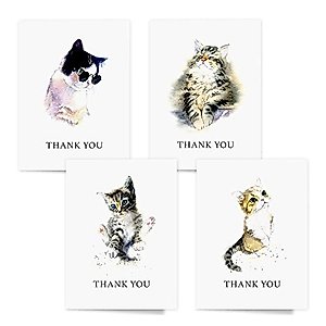 L'apostrophe Cat Thank You Cards with Envelopes - 16 Assorted Kitty Blank Note Cards - Funny Watercolor Kittens for Kids, Pet and Animal Lovers - Deluxe Boxed Set