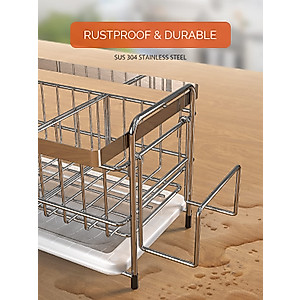 FavoThings Multifunctional Sponge Holder Kitchen Sink Caddy SUS304 Stainless Steel Kitchen Sink Accessories with Removable Drain Tray for Sponge, Dish Brush, Soap, Scrubber, Dishcloth, Silver