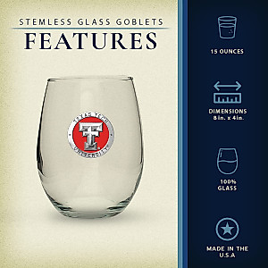 Heritage Pewter Texas Tech Red Raiders Stemless Glass Goblets – Set of 2 | 15 OZ Goblet Wine Glasses | Expertly Crafted Pewter Glass