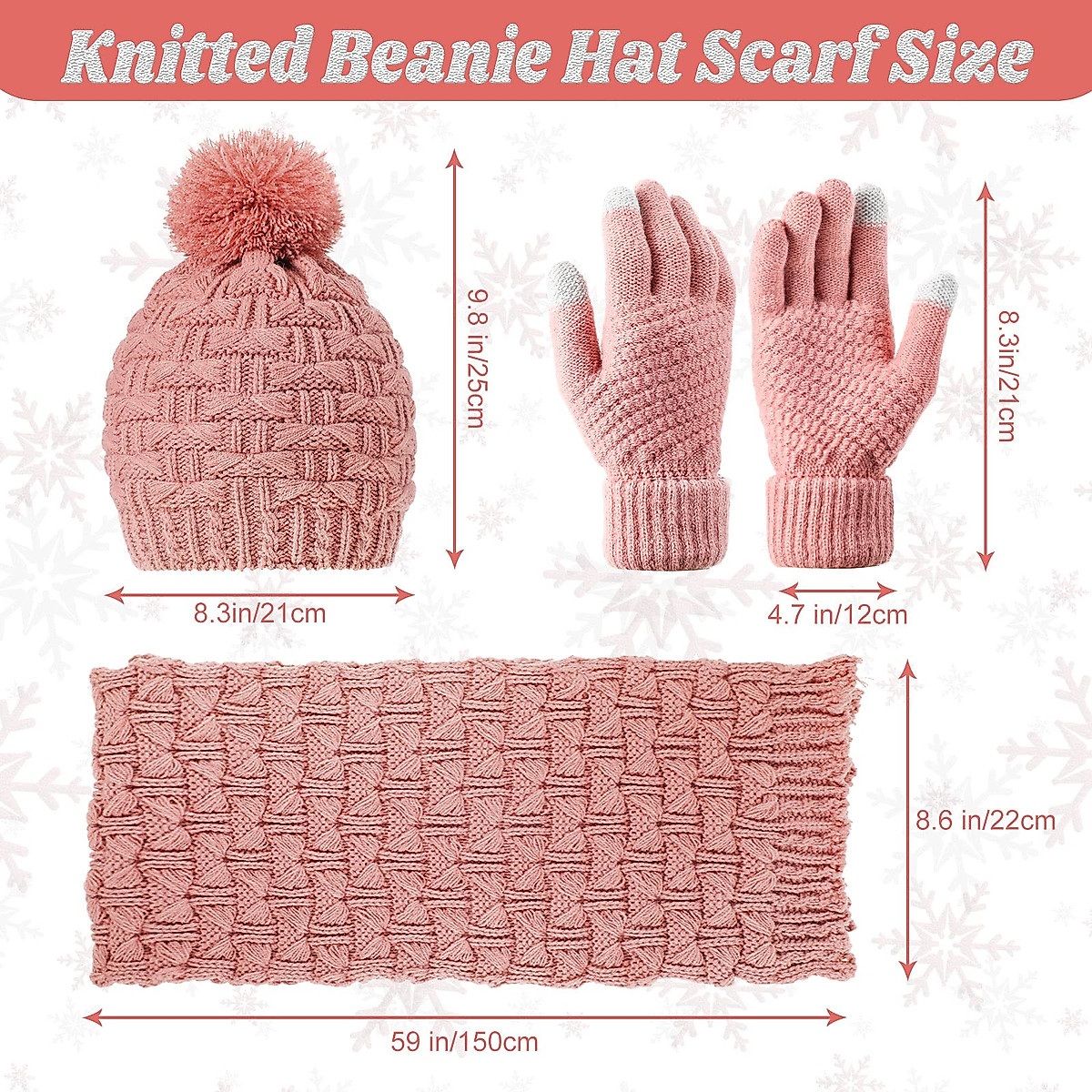 JenPen Winter Hats Scarf Gloves Set for Women Including Ear Covers Cold Weather Glove Scarves Hats Knit Beanie Scarf Glove (Pink)