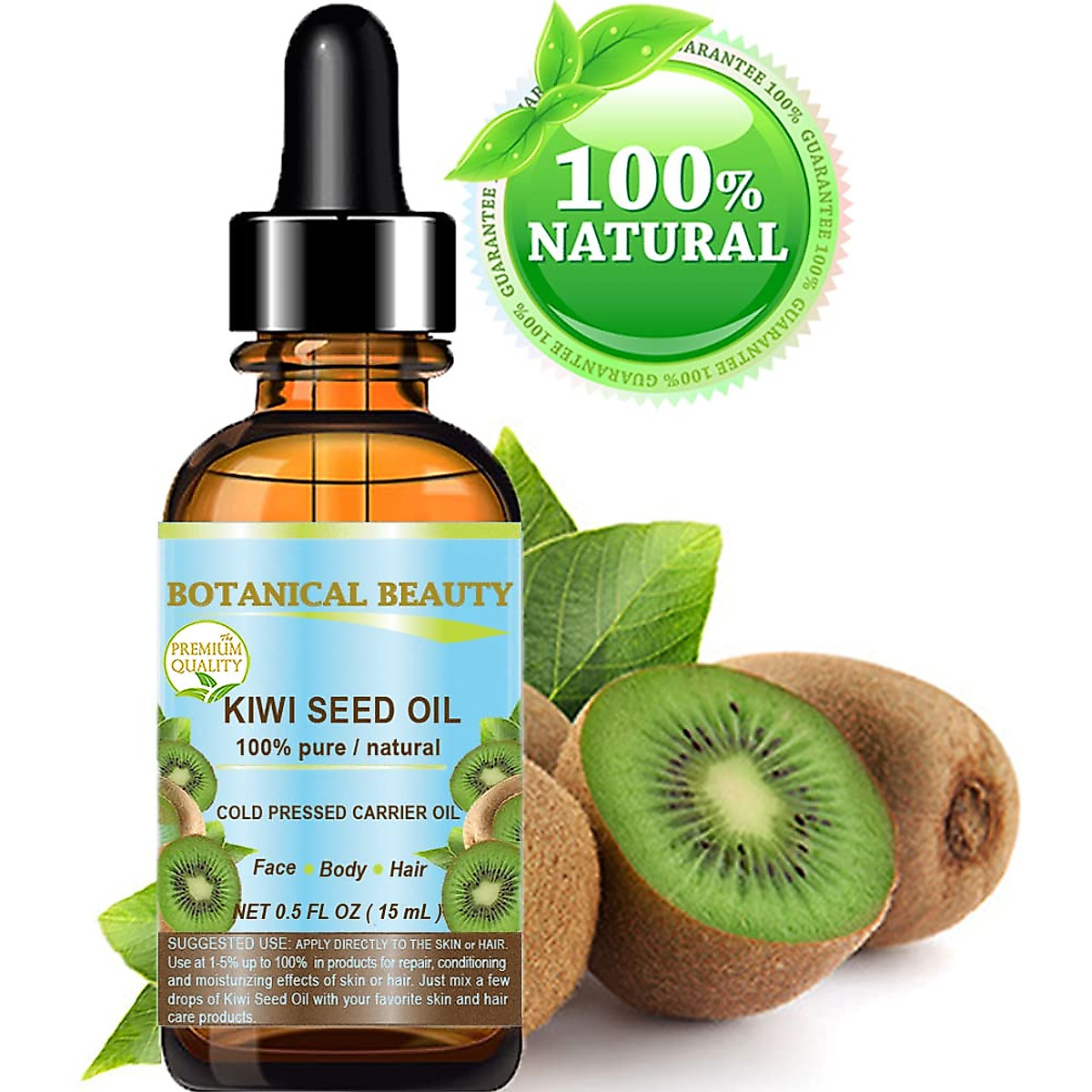 Botanical Beauty KIWI SEED OIL. 100% Pure Natural Undiluted Virgin Cold Pressed Carrier Oil. 0.5 Fl.oz.- 15 ml for Face, Skin, Body, Hair, Nail Care