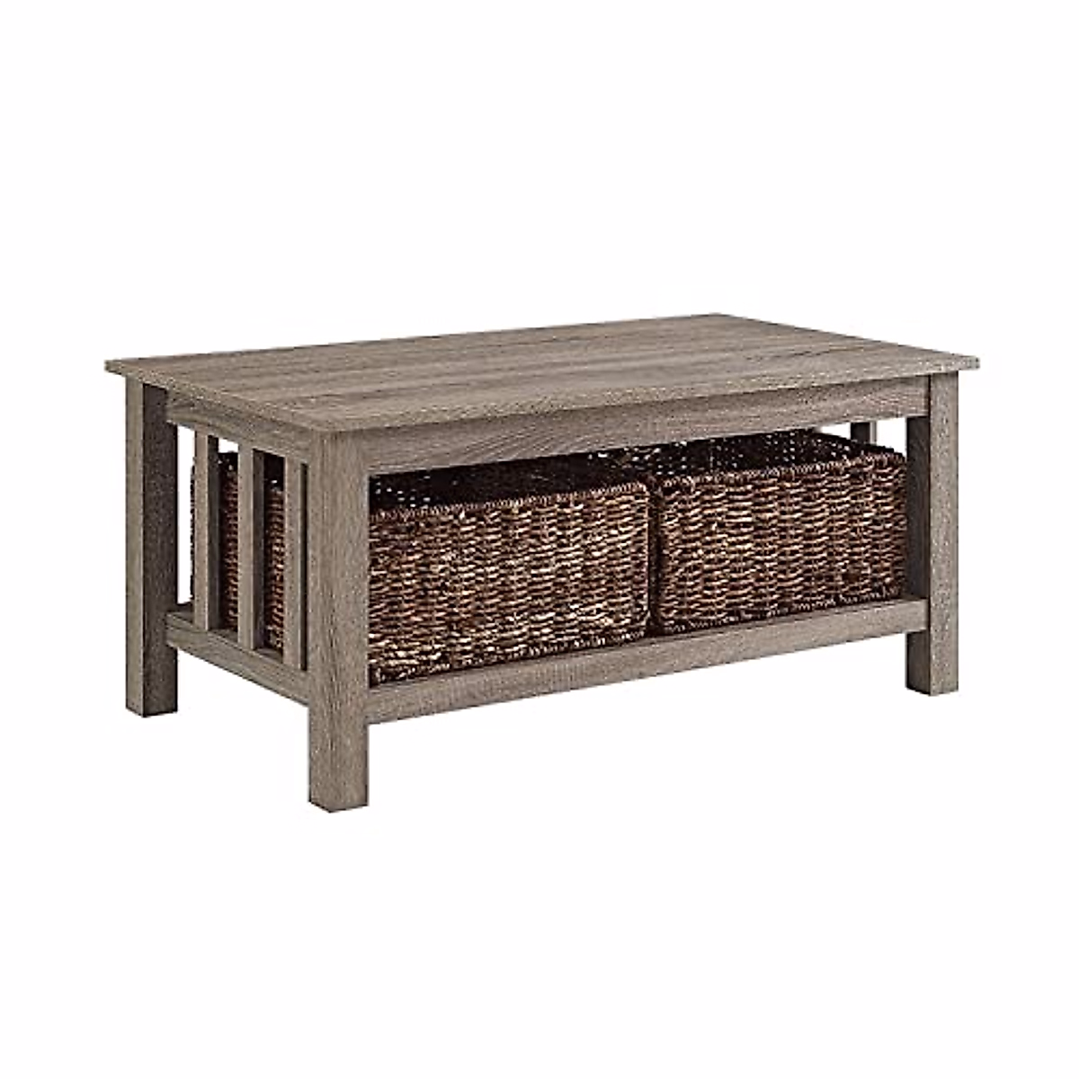 Walker Edison Alayna Mission Style Two Tier Coffee Table with Rattan Storage Baskets, 40 Inch, Driftwood