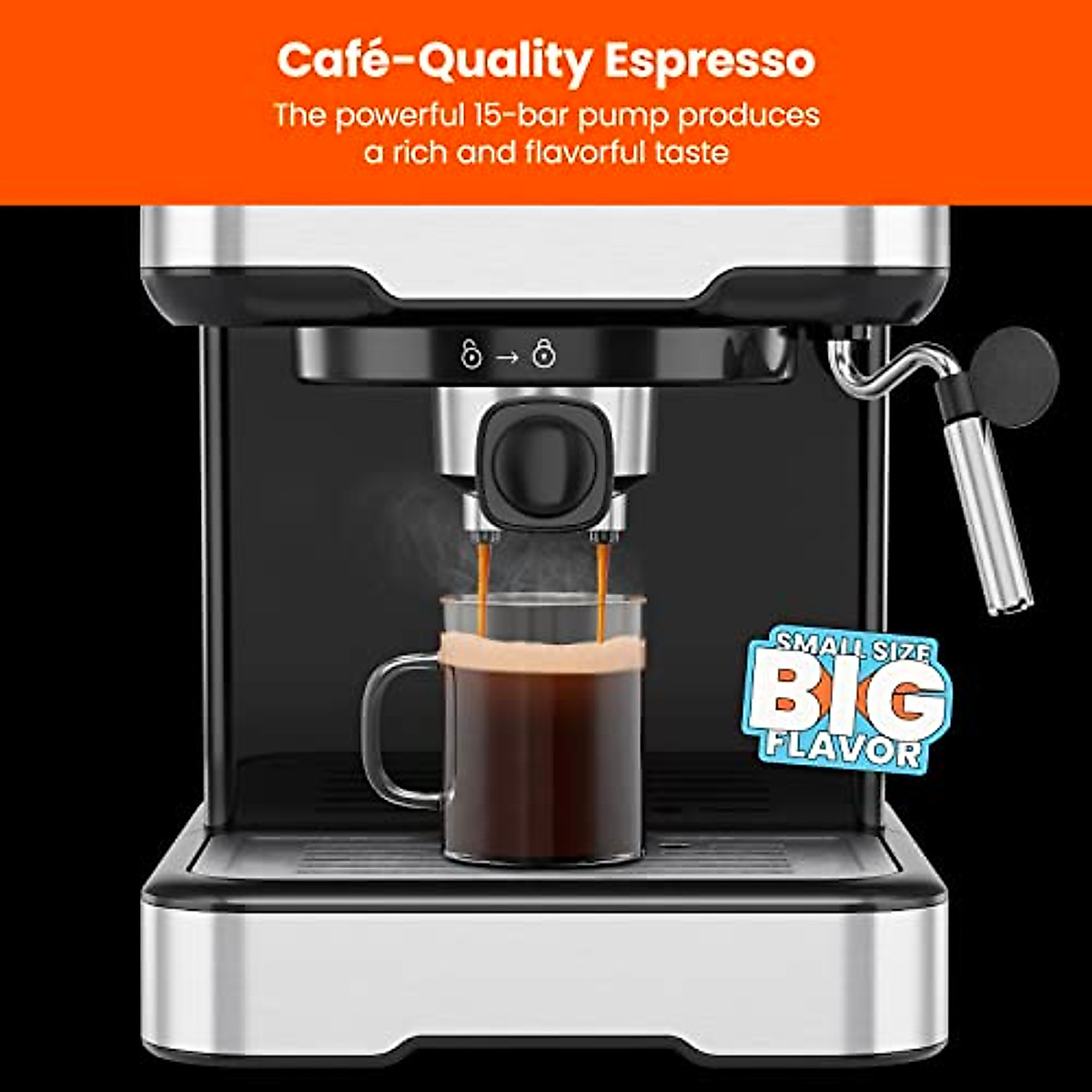 Chefman 6-in-1 Espresso Machine with Steamer, One-Touch Single or Double Shot Maker, Coffee Cappuccino Machine, Latte Built-In Milk Frother Stainless Steel