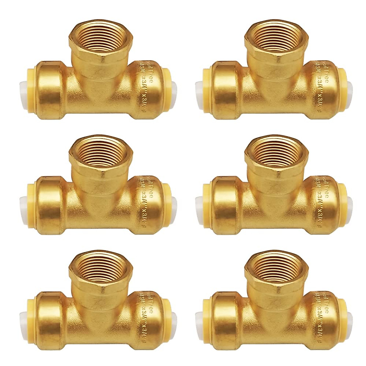 HQMPC Pex Fittings Tee Female 3/4" No Lead Push Fit Female Plumbing Tee Push-to-Connect Plumbing Fittings Brass Pipe Connector T Fittings for Copper PEX CPVC 6Pcs