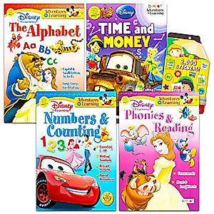 Disney Princess Workbooks Super Set Kindergarten First Grade - Bundle of 4 Workbooks with Reward Stickers Alphabet, Reading, Time, Money, Phonics, and More