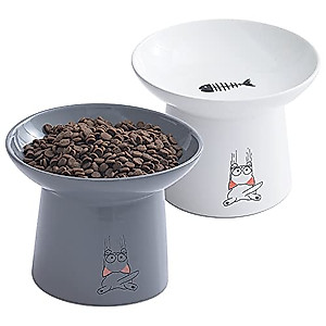 6.5 Inch Extra Wide Ceramic Raised Cat Bowls, Upgraded Elevated Porcelain Cat Food Water Bowl Dish, Stress Free Pet Feeder Bowls Dishes for Elder Big Cats & Small Dogs, White & Grey