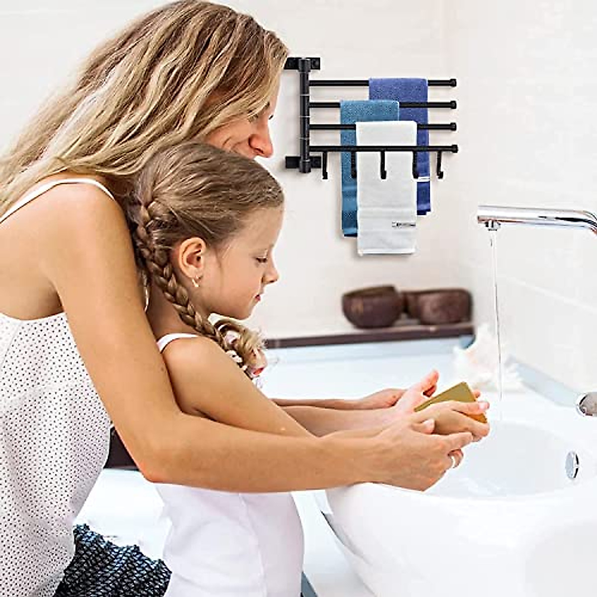 Swivel Towel Rack, 4-Arm Bathroom Wall Mounted Swivel Towel Bars Holder with Hooks Rustproof 180° Rotation Towel Organizer for Bathroom Kitchen