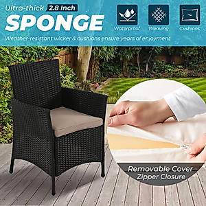 MGHH Patio Furniture Set 4 Pieces Outdoor Furniture Wicker Patio Conversation Sets Rattan Chairs with Soft Cushion and Glass Table for Pool Backyard Garden Balcony Porch Small Space,Black and Khaki