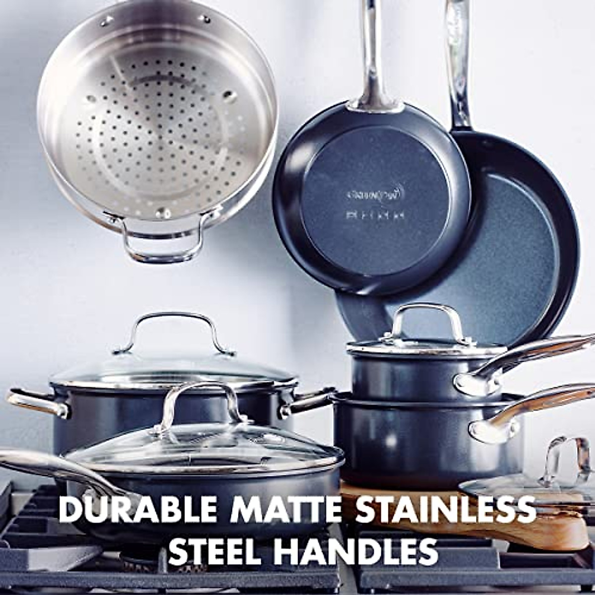 GreenPan Chatham Black Prime Midnight Hard Anodized Healthy Ceramic Nonstick 11 Piece Cookware Pots and Pans Set, PFAS-Free, Dishwasher Safe, Oven Safe, Black