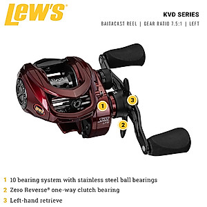 Lew's KVD Baitcast Fishing Reel, Left-Hand Retrieve, 7.5:1 Gear Ratio, 10 Bearing System with Stainless Steel Double Shielded Ball Bearings