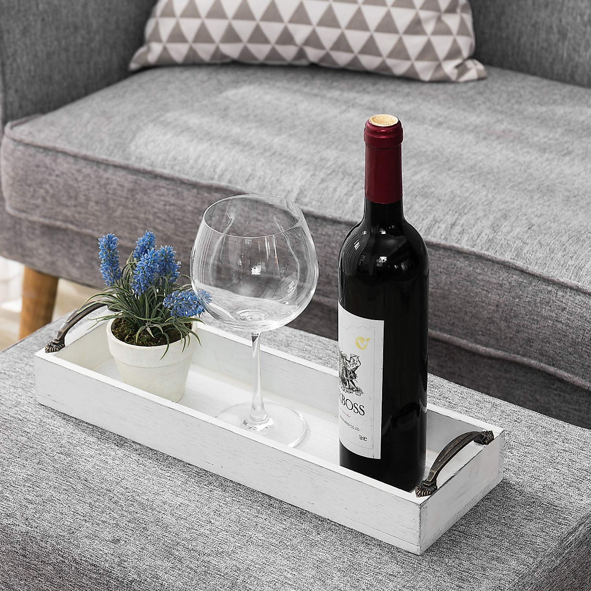 MyGift 16-inch Vintage White Wood Serving Tray with Decorative Antique Metal Handles | Farmhouse Decor Rectangular Butler Tray | Coffee Table/Dining Table Centerpiece Candle Holder Tray