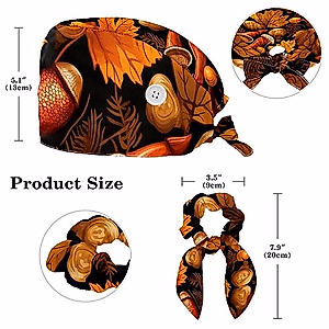 Happy Thanksgiving Acorns Bouffant Working Cap with Ribbon Tie for Women Long Hair, Scrub Surgical Hat, One Size Head Cover