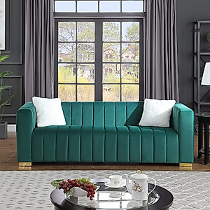 JUSTONE Modern Sofa Couch for Living Room, Mid Century 3-Seater Velvet Chesterfield Sofa, Upholstered Couch with Gold Leg&Pillows for Apartment, Office,Easy to Install- Dark Green