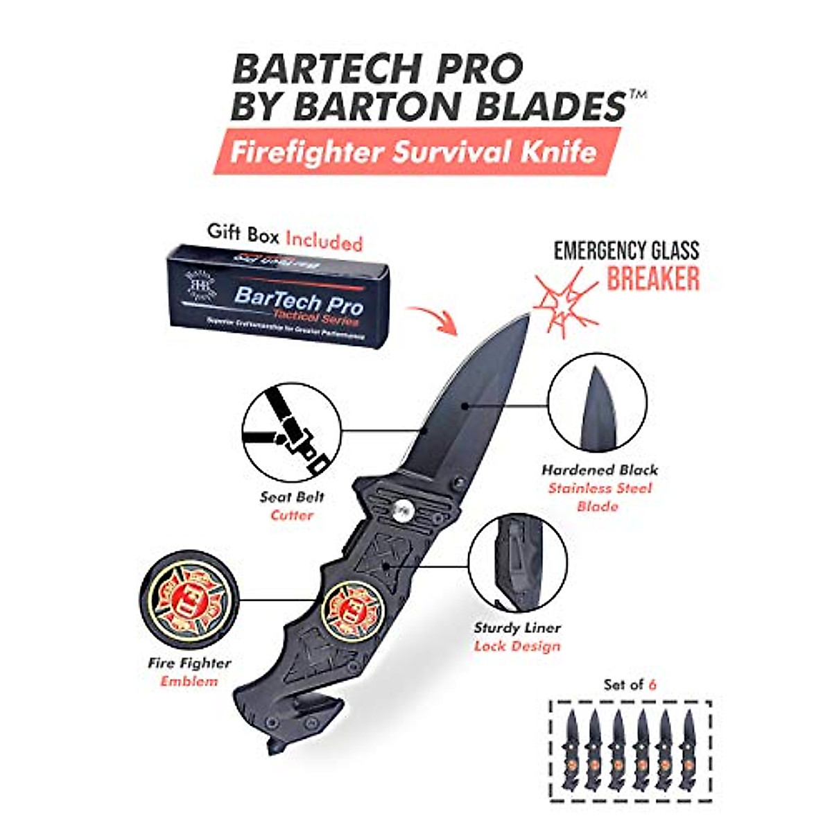 Barton Outdoor 6.25 Inch Fire Fighter Folding Survival Knife with Inlay Fire Fighter Emblem, 6 Pack
