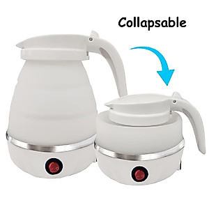 Foldable Portable Electric Kettle with Food Grade Silicone, 6 Mins Fast Water Boiling Tea Pot Coffee Pot for Camping or Travel, Collapsible Kettle with Separable Power Cord 110V US Plug 600ML White