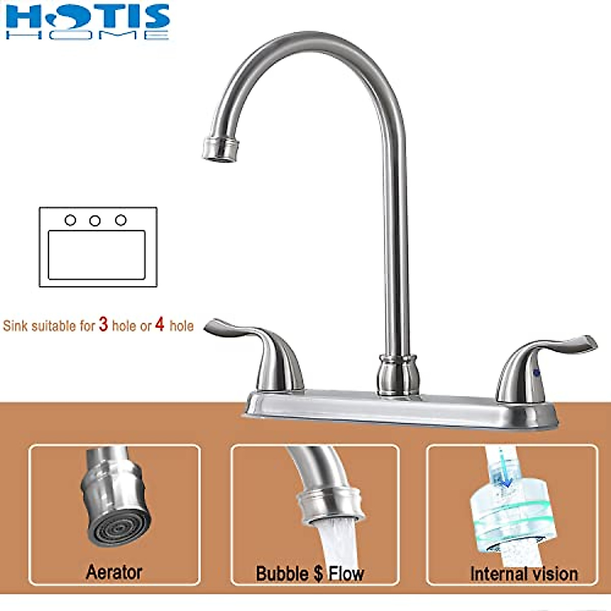 HOTIS HOME Brushed Nickel 3 Hole Kitchen Faucet, 2 Handle 4 Hole Kitchen Faucet, High Arc Swivel Spout Stainless Steel Sink Faucet for Rv Camper