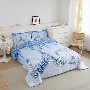 Paris Comforter Set Twin Size,Eiffel Tower Floral Quilt Set 2pcs for Kids Girls Women Boys Room Decor,Blue White Gradient Glitter Bedding Set Romantic Chic French Duvet Insert,1 Pillowcase