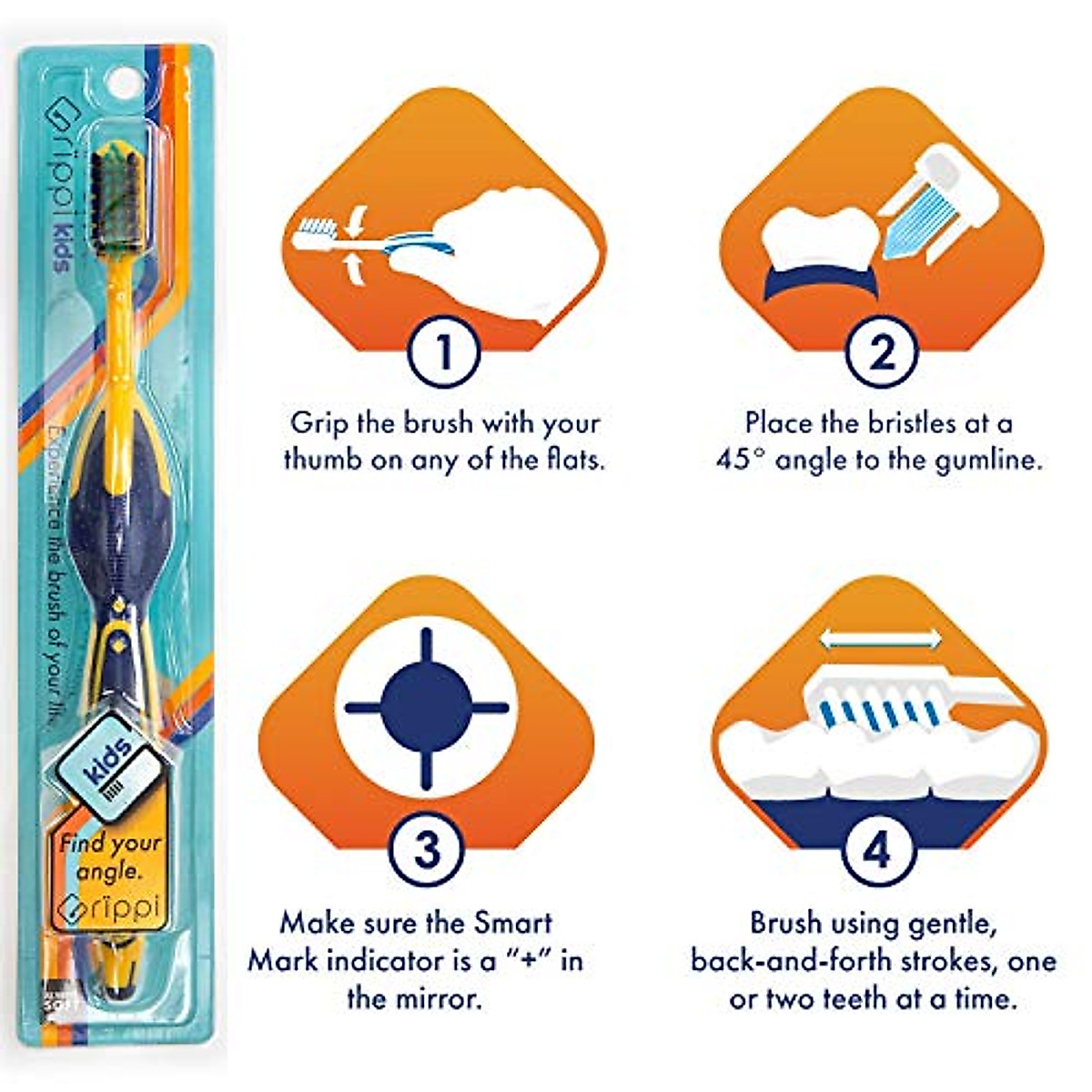 Grïppi Kids Manual Toothbrush | 45° Brush Helps Children Get a Deep Clean of Teeth & Gums | Encourages & Teaches Correct Brushing. (Superior Cavity Protection, Extra Soft, Easy to Grip), 2-Pack