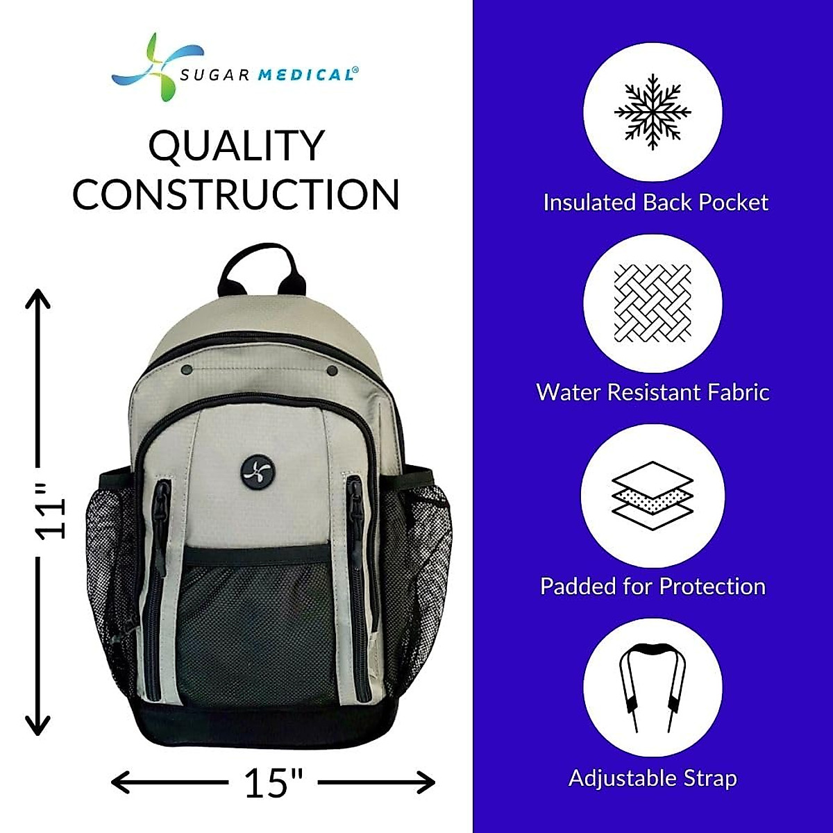 Sugar Medical - Insulated Diabetes Sling Backpack - Multi Pocket, Zip Secured Backpack w/Elastic Loops and Adjustable Straps for Diabetic Medical Supplies (Haze Grey) …
