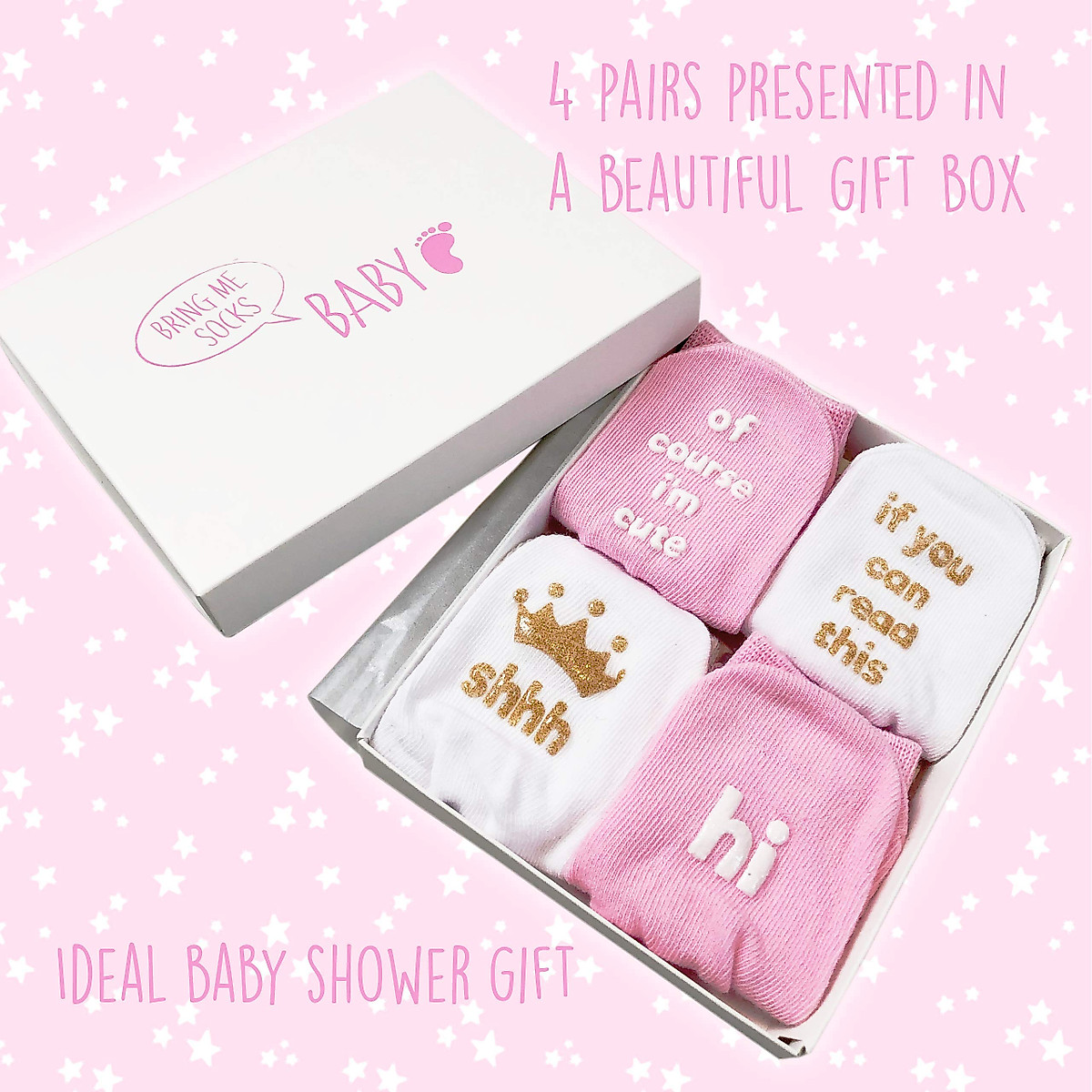 Baby Girl Socks Gift Set - Unique Baby Shower or Newborn Gift For Her - 4 Pairs of Cute Quotes in Gift Box